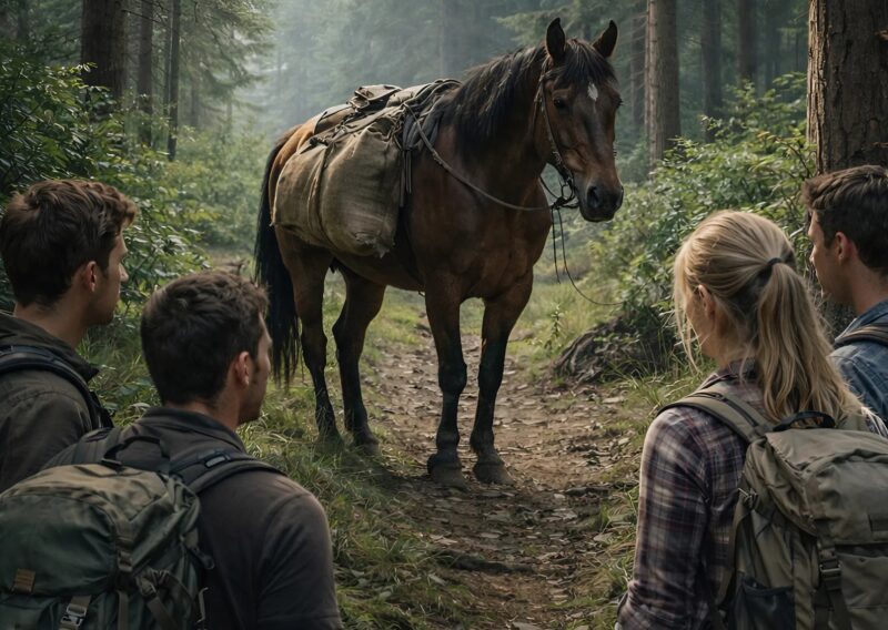 Touristen bemerkten im Wald ein einsames Pferd, das unruhig auf der ...